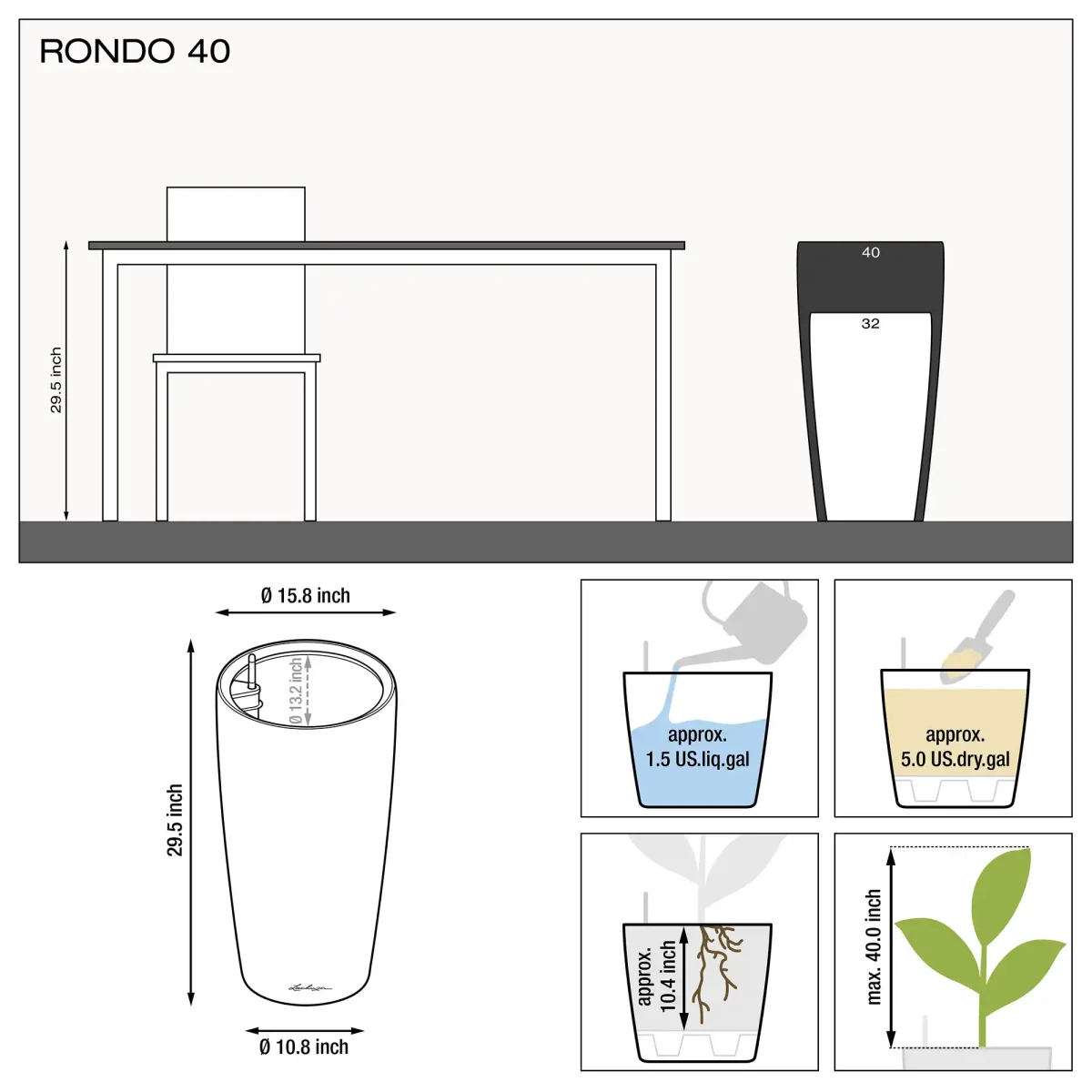 Buy RONDO 40 White Matt, Self-Watering Tall Planter, D15.7 H29.5 in in ...